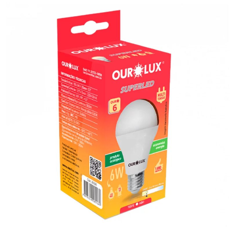 Lâmpada LED A60 E27 3000K Bivolt 6W 20026 Ourolux - Dimensional