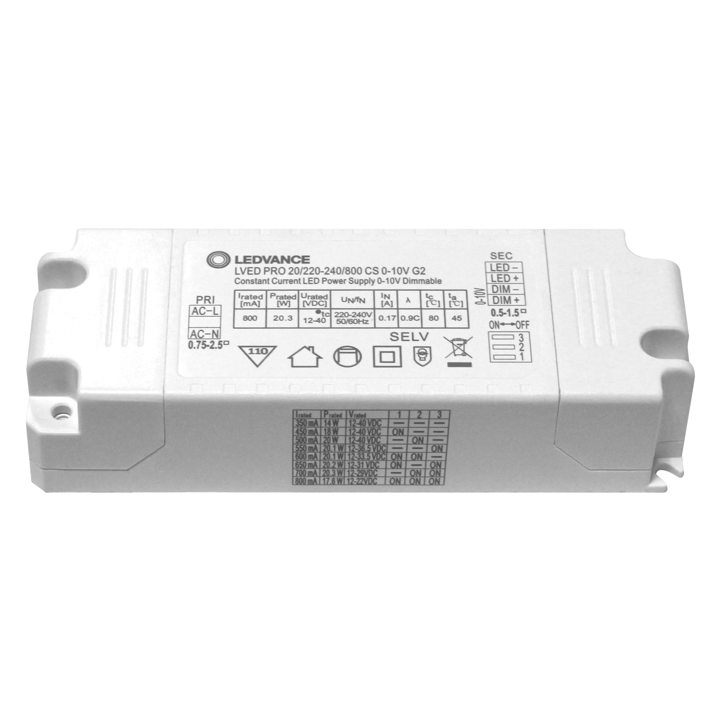 Driver Dimerizável 0 10V 20W 220 240V 800mA 7020906 Ledvance - Dimensional